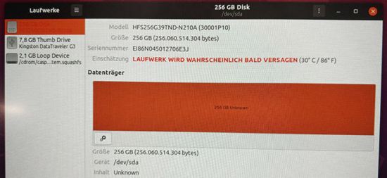 Notebook SSD Festplatte defekt. Kuriose Fehlermeldung: A hard disk is likely to fail soon ...